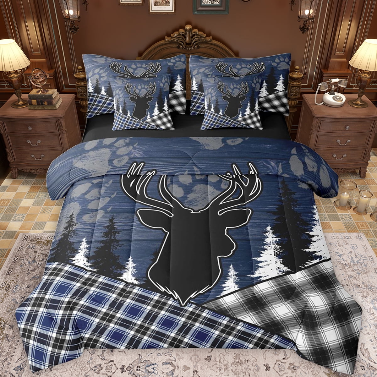 Feelyou Wildlife Reindeer Moose Twin Bedding Sets 7-Piece, Checkered ...