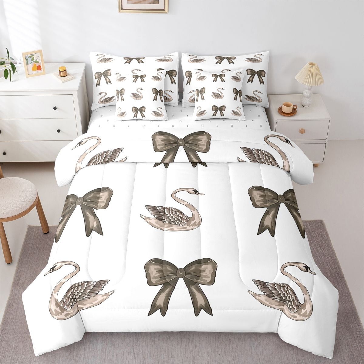 Feelyou Wildlife Swan Teen Bedding Comforter Set 7pcs, Princess Bowknot ...
