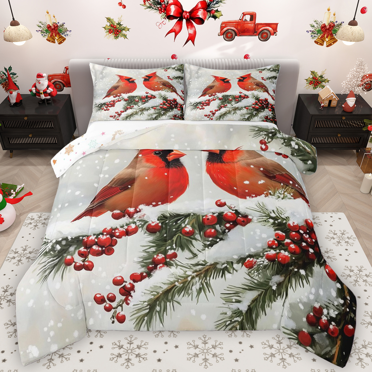 Feelyou Winter Jungle Bird Queen Comforter Set, Christmas Poinsettia ...