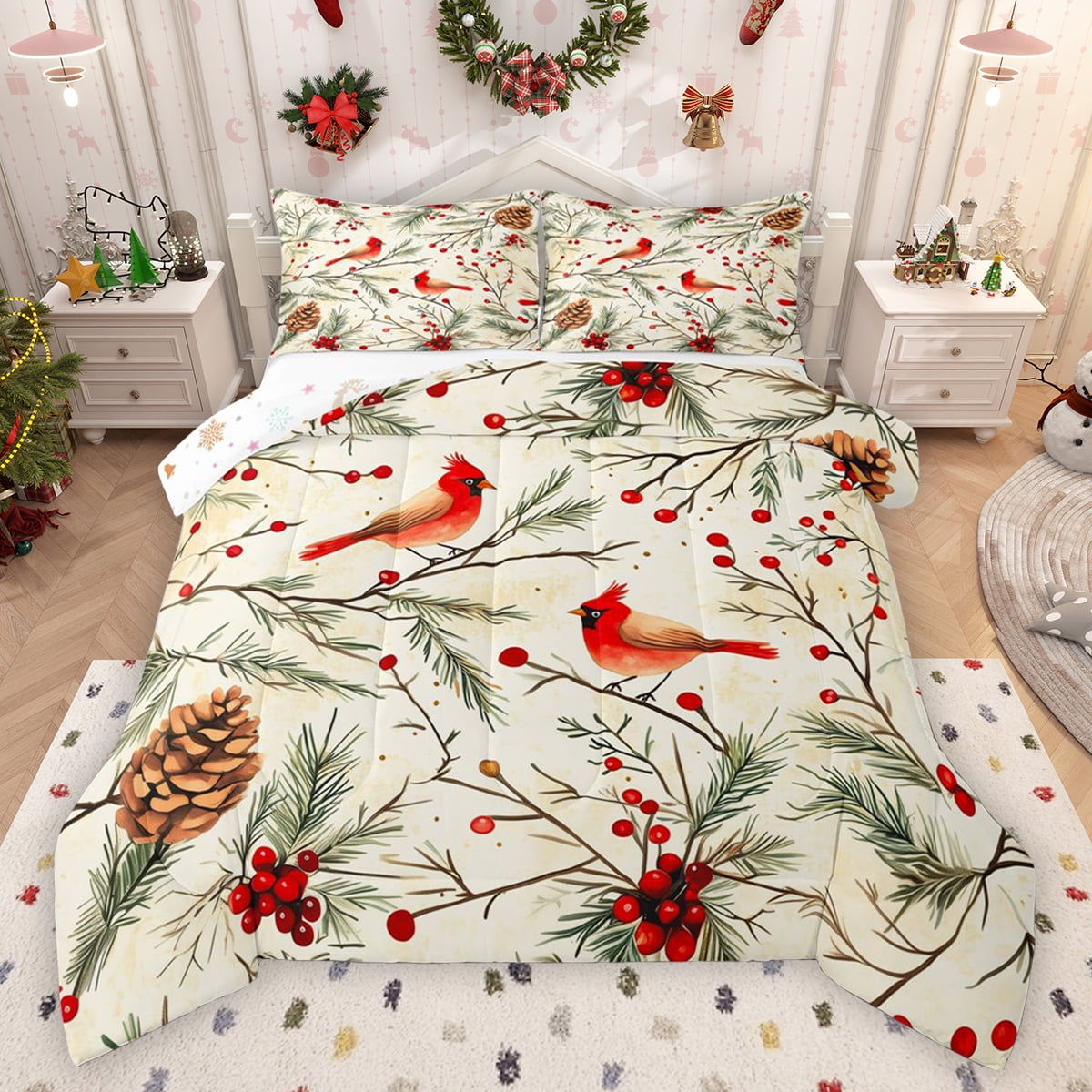 Feelyou Winter Red Bird Bedding Comforter Set for Kid, Kawaii Christmas ...
