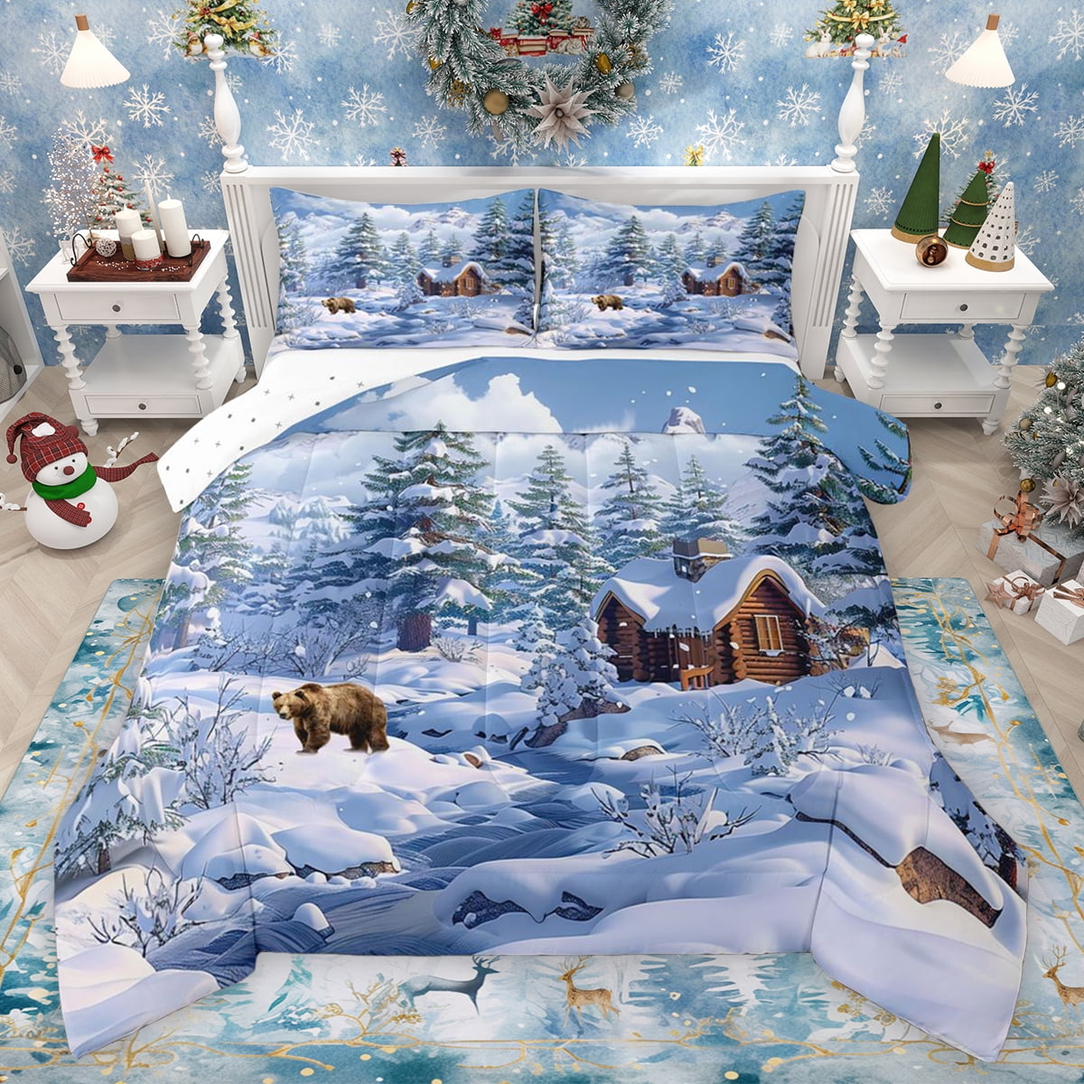 Feelyou Winter Snow House Queen Comforter Set, Cartoon Jungle Bear ...