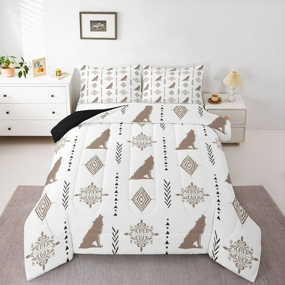 Feelyou Wolf Wildlife Teen Queen Comforter Set, Black Boho Aztec ...