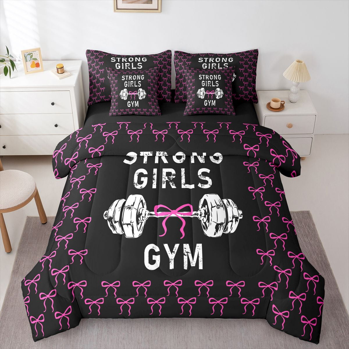 Feelyou Women Fitness Sport Comforter Set 7pcs, Black Pink Ribbon Queen ...