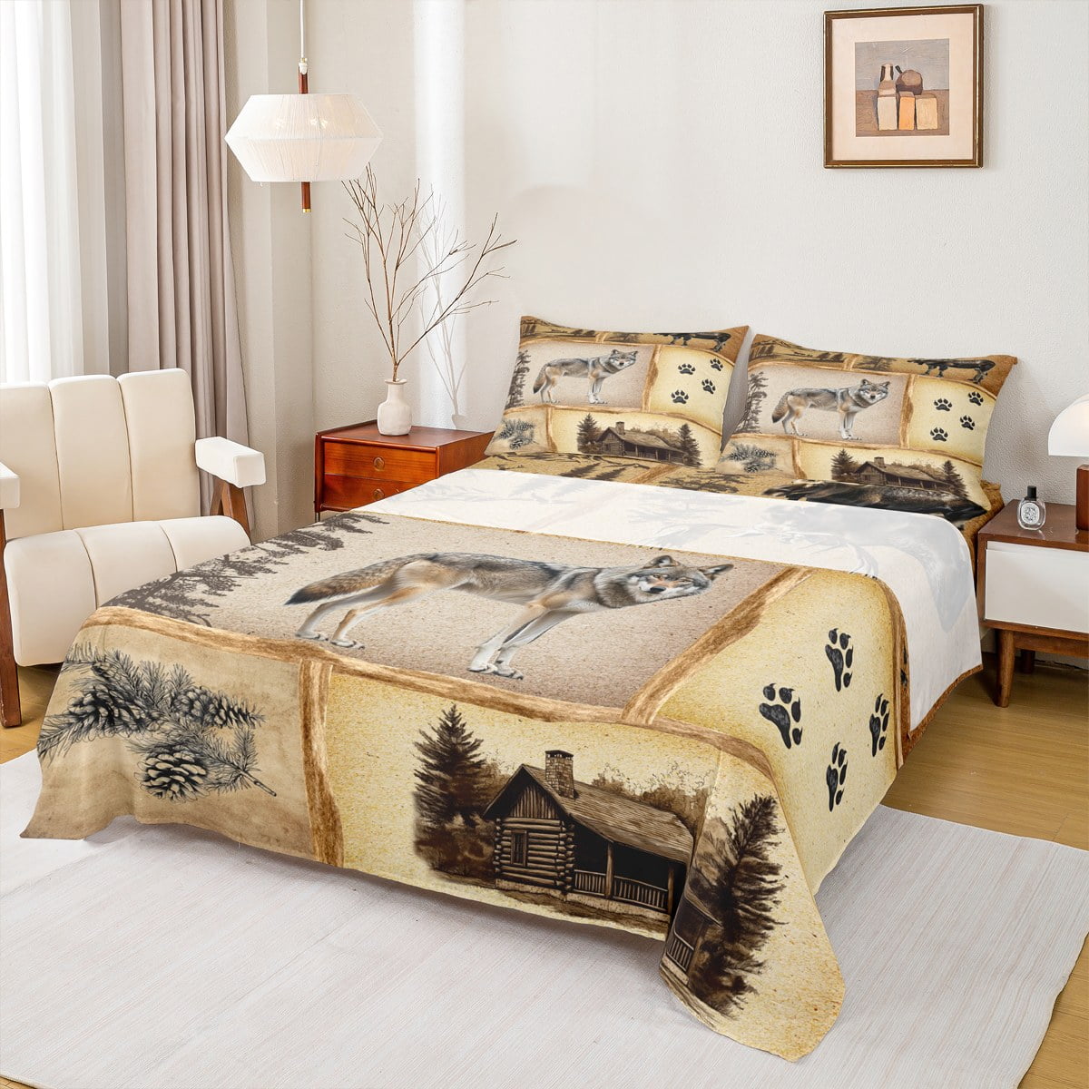 Feelyou Woodland Wolf Bed Sheets, Jungle Animal Wildlife King Sheets, Rustic Farmhouse Plaid ...