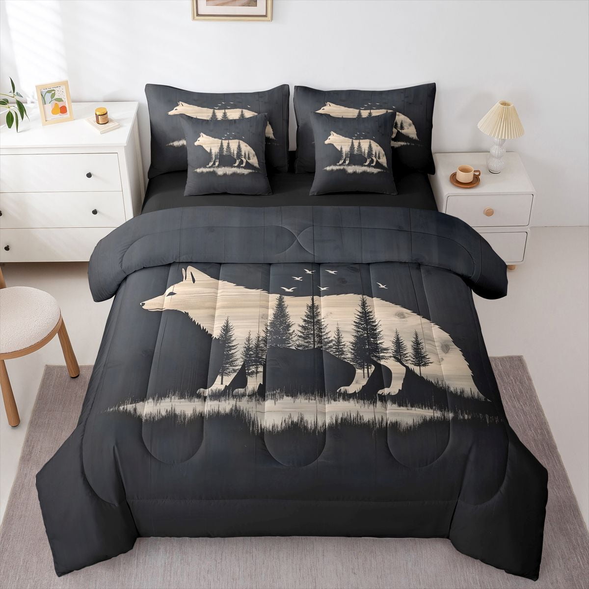 Feelyou Woodland Wolf Teen Bedding Comforter Set 7pcs, Jungle Pine Tree ...