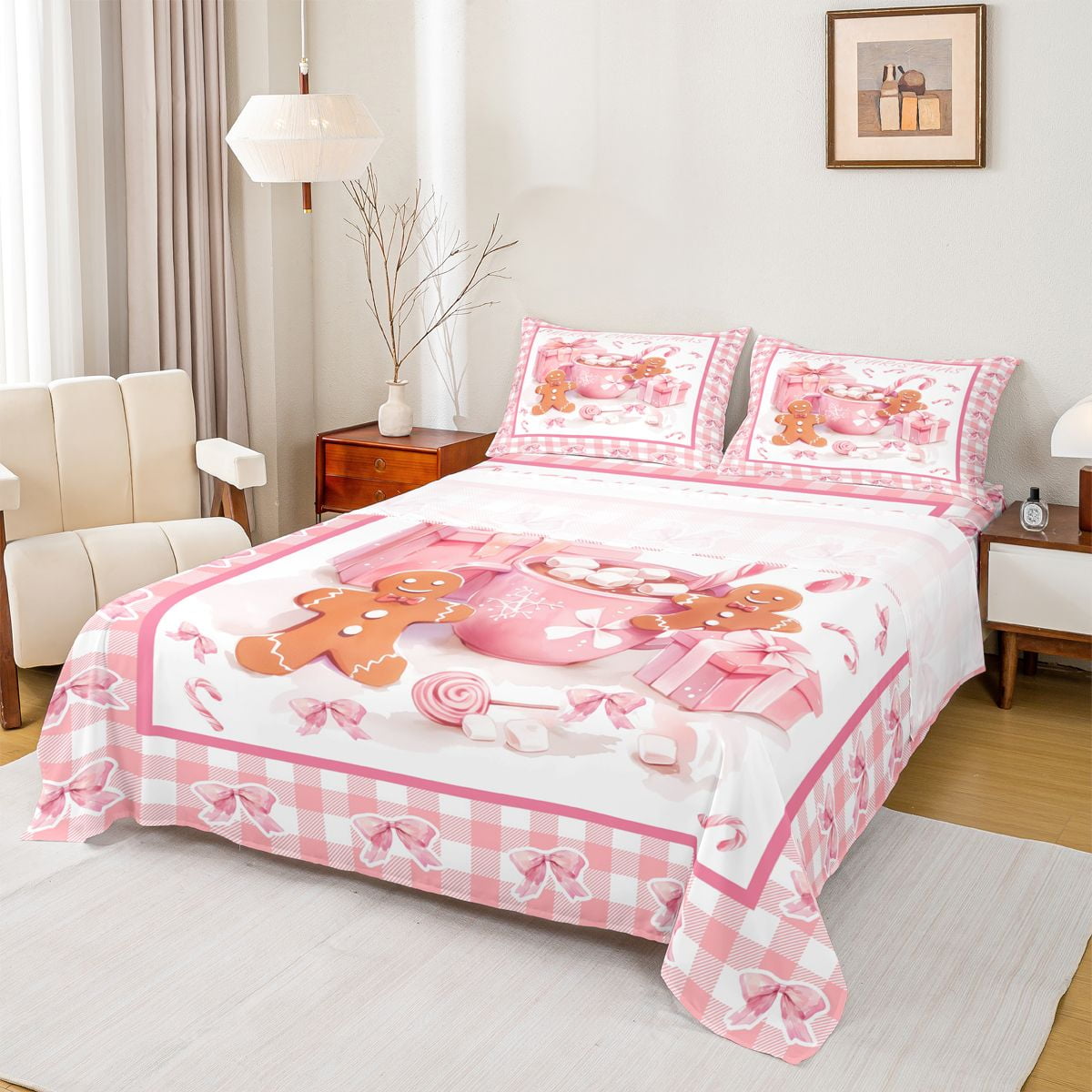 Feelyou Xmas Gingerbread Man Queen Sheet Sets, Pink Buffalo Plaid Bed ...