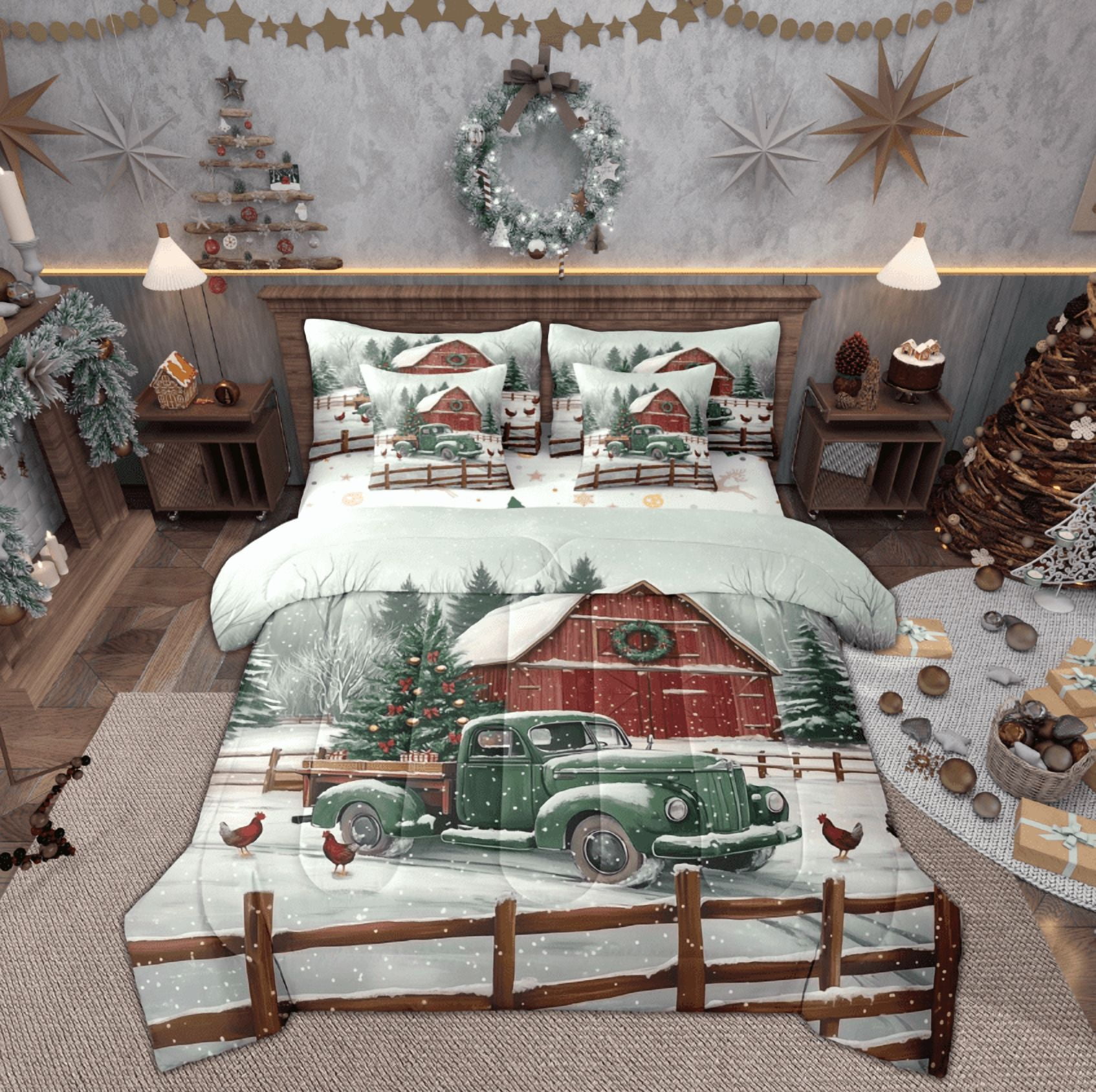 Feelyou Xmas Holiday Bedding Comforter Set 7pcs, Rustic Cabin Truck ...
