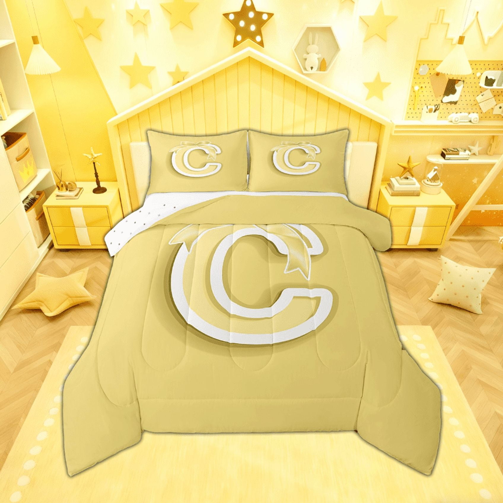 Feelyou Yellow Bowknot Bedding Queen Comforter Set, Initial Letter C ...