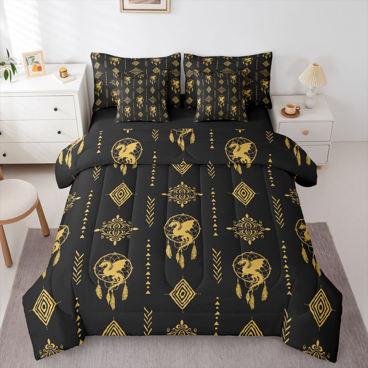 Feelyou Yellow Mandala Damask Comforter Set 7pcs, Dream Catcher Dragon ...