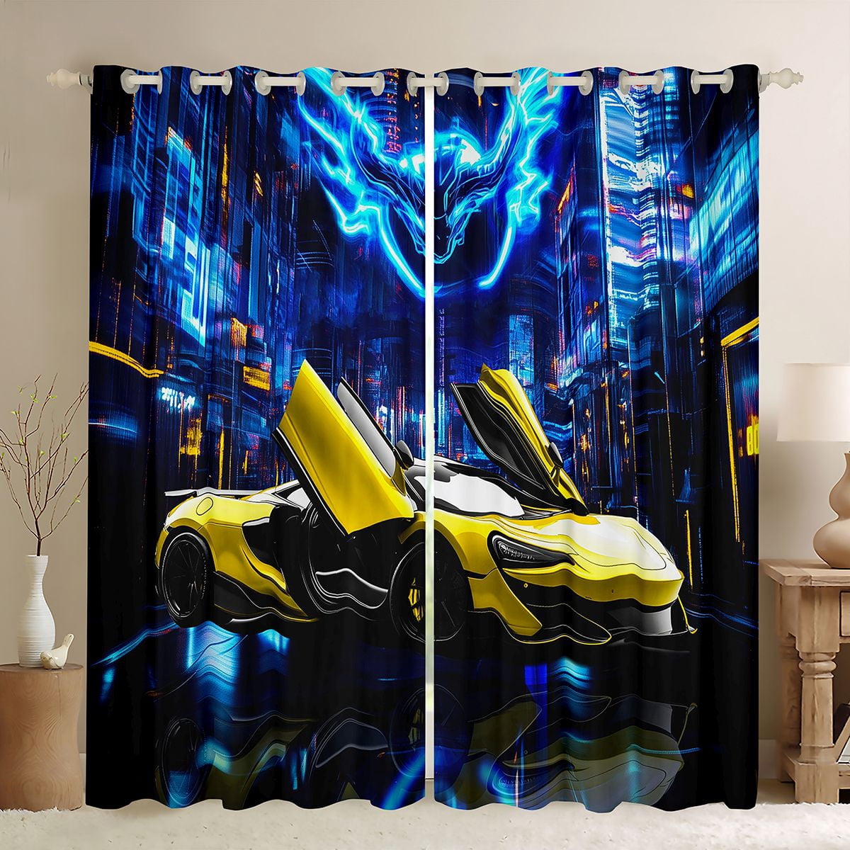 Feelyou Yellow Race Car Curtains Pack of 2 (42x84 Each), Futuristic ...
