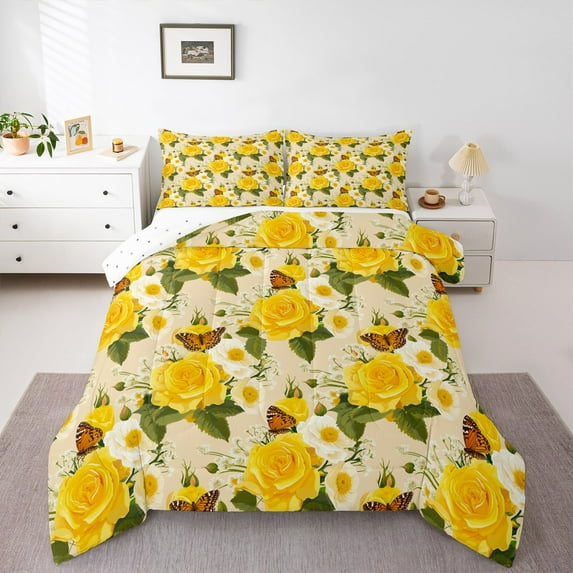 Feelyou Yellow Rose Flower Queen Comforter Set, Cartoon Butterfly ...