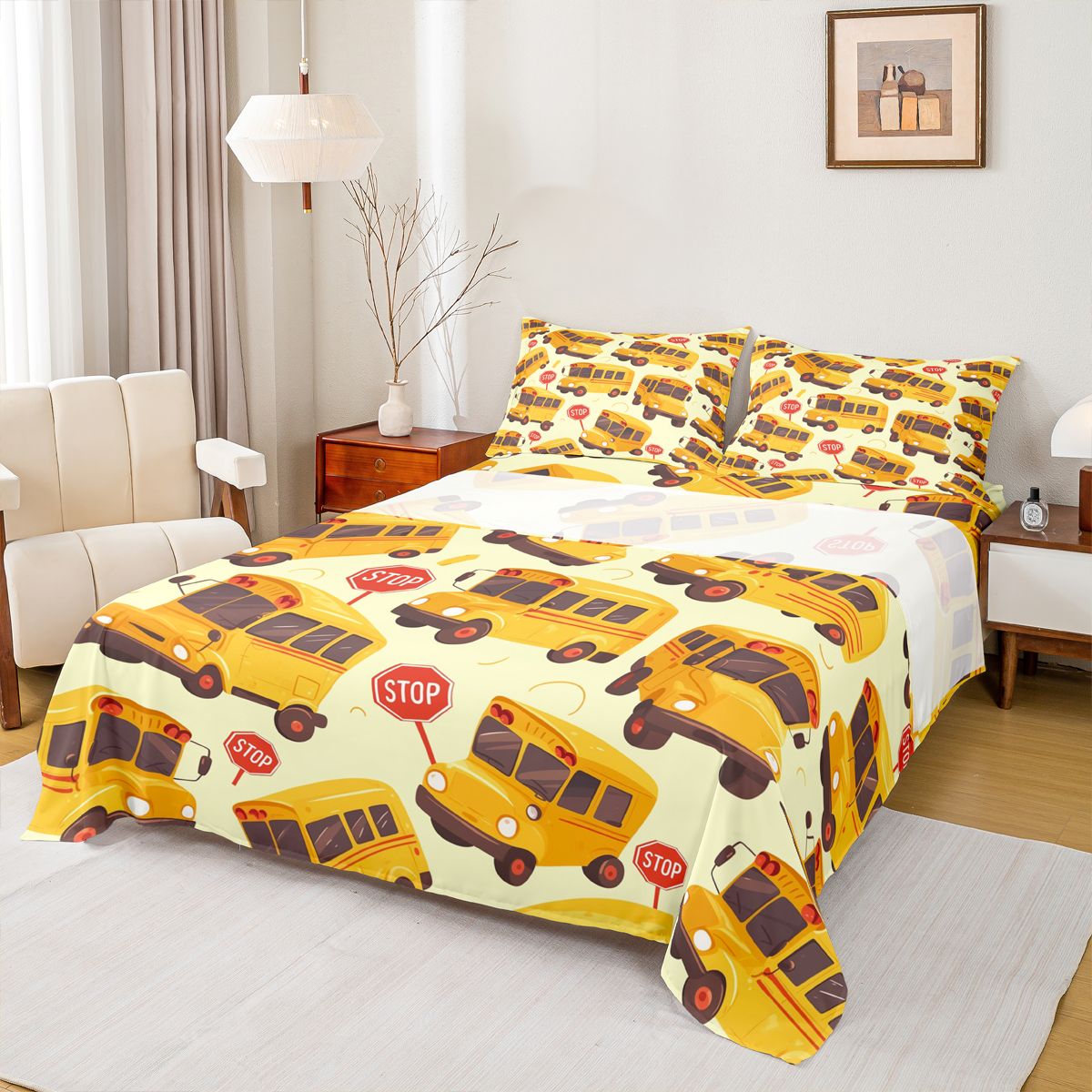Feelyou Yellow School Bus Bed Sheets for Kids, Cartoon Car Truck King ...