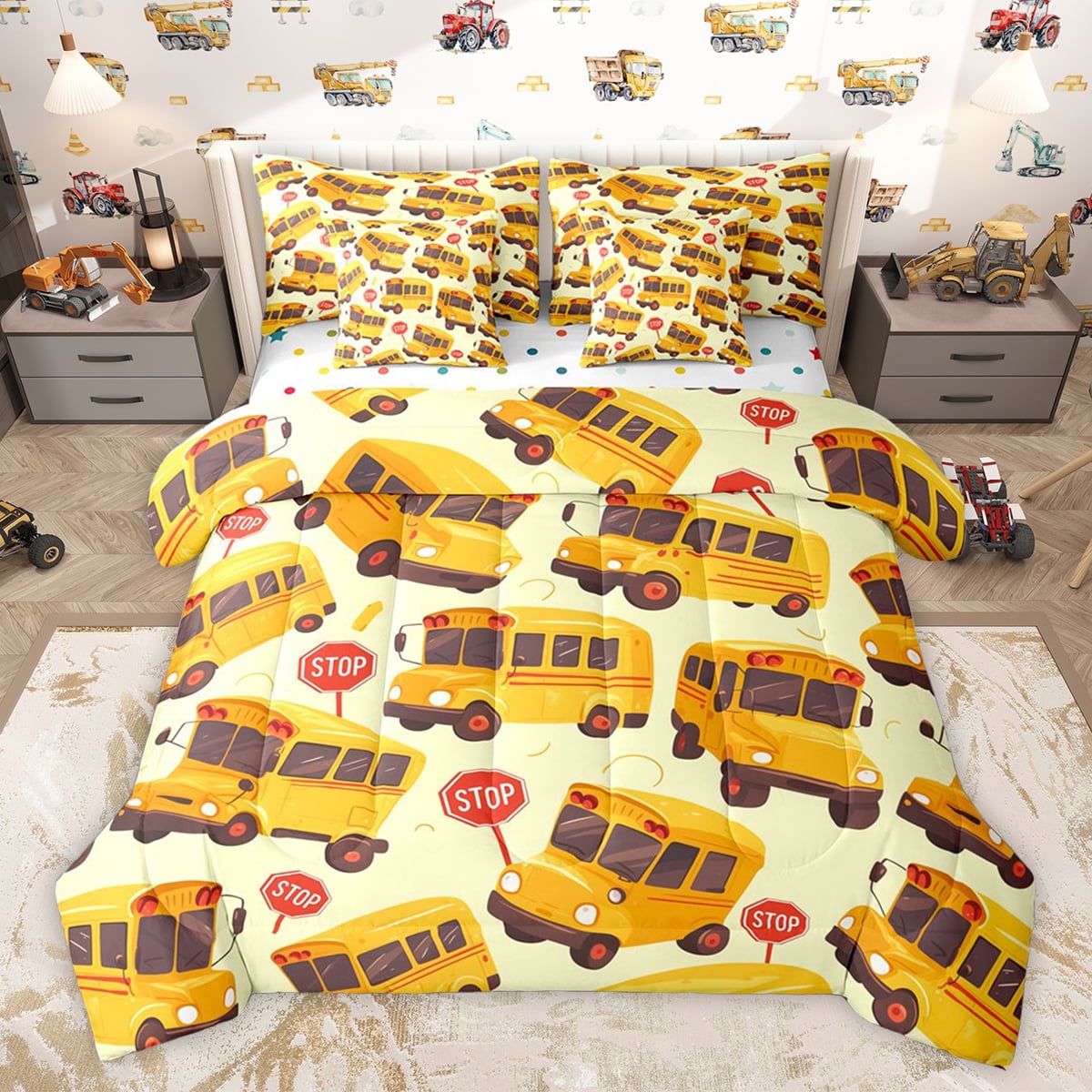 Feelyou Yellow School Bus Bedding Comforter Set 7pcs for Kids, Cartoon ...