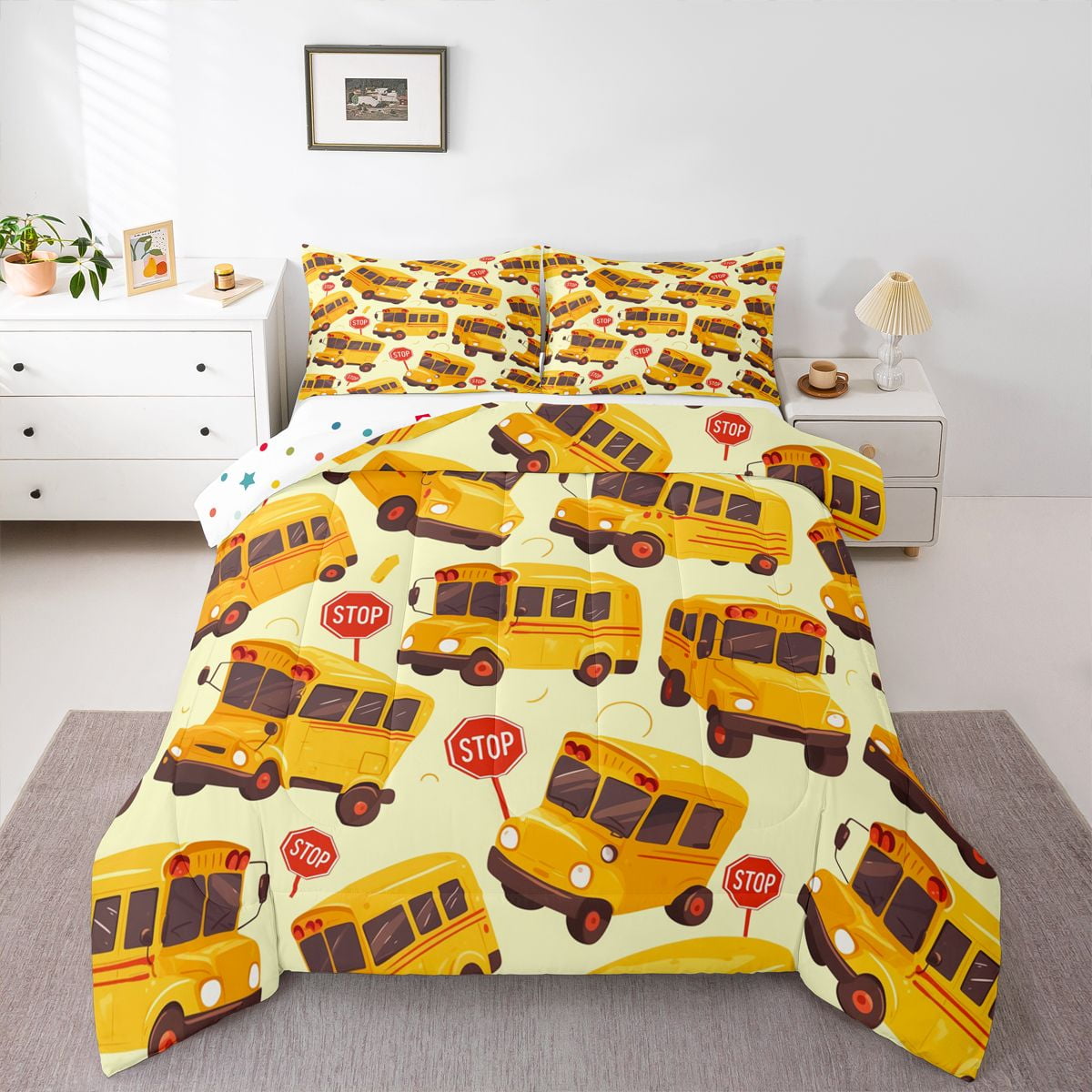 Feelyou Yellow School Bus Queen Comforter Set for Kids, Cartoon Car ...