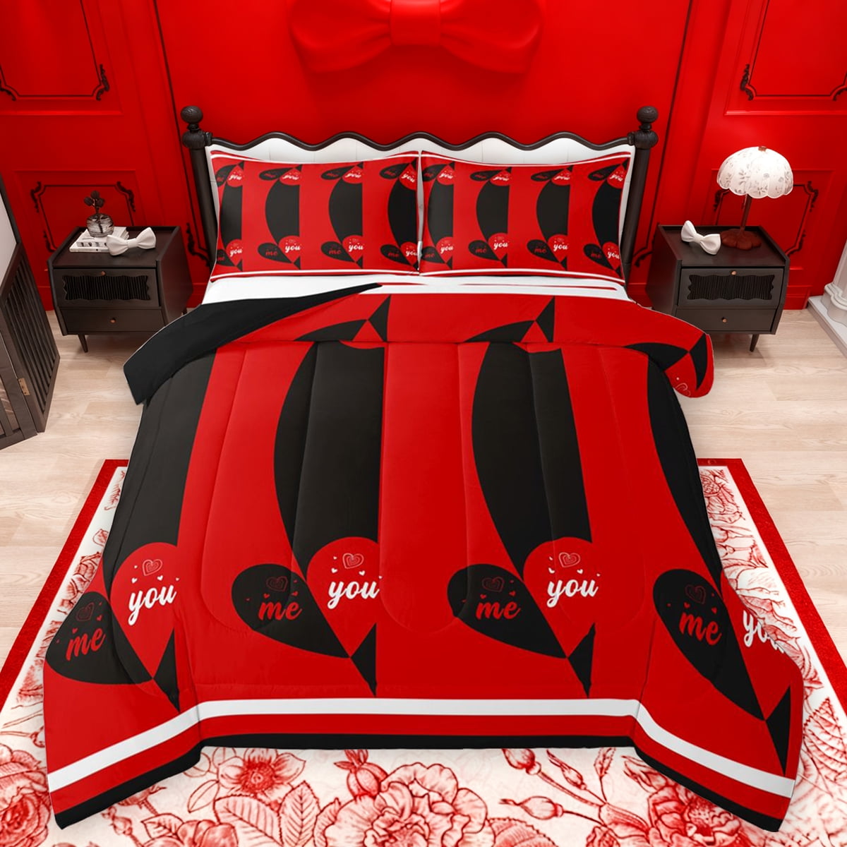 Feelyou Me and You Full Size Comforter Sets, Black Red Love Heart ...