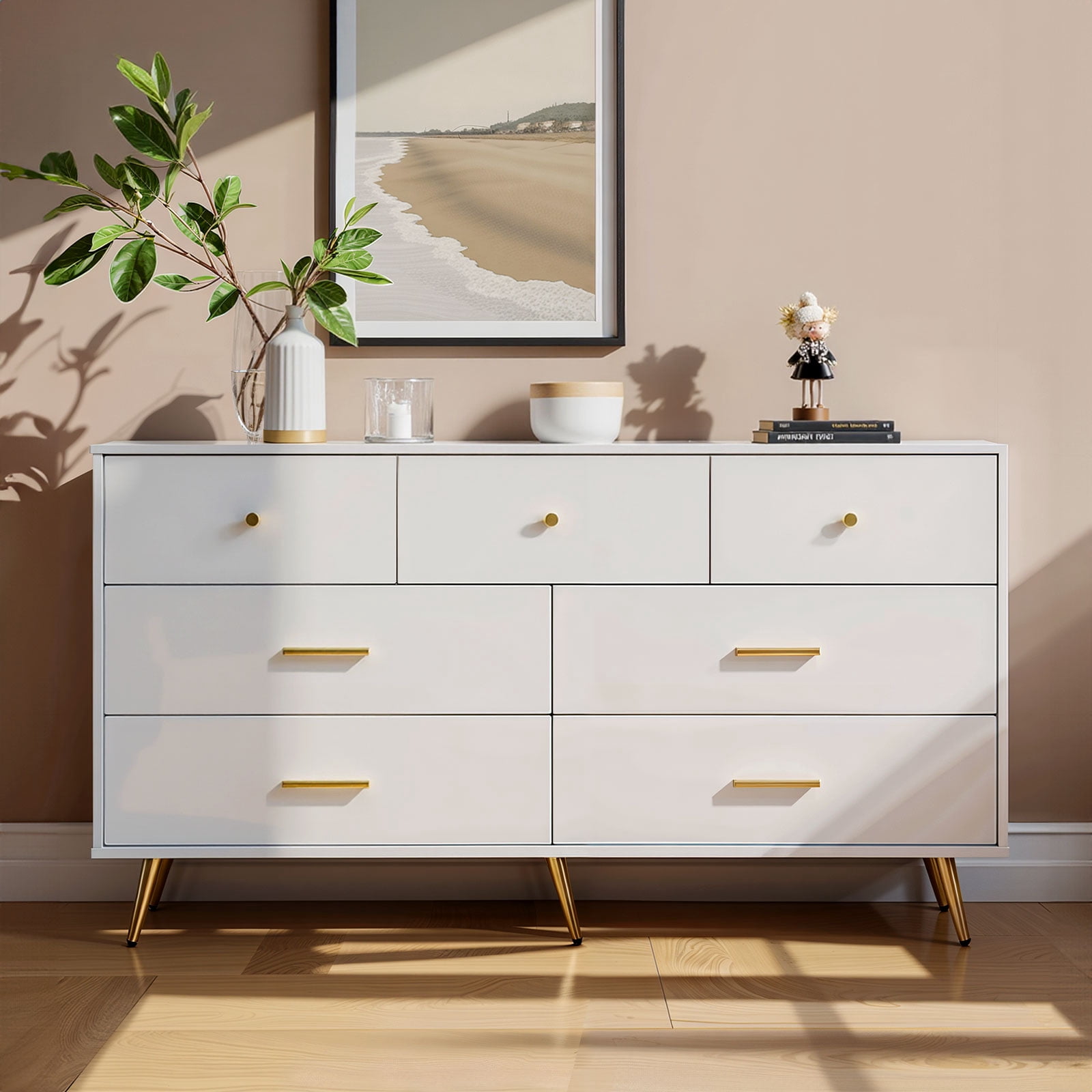 Feetice 7 Drawer Dresser for Bedroom, High Gloss Dresser with Golden ...