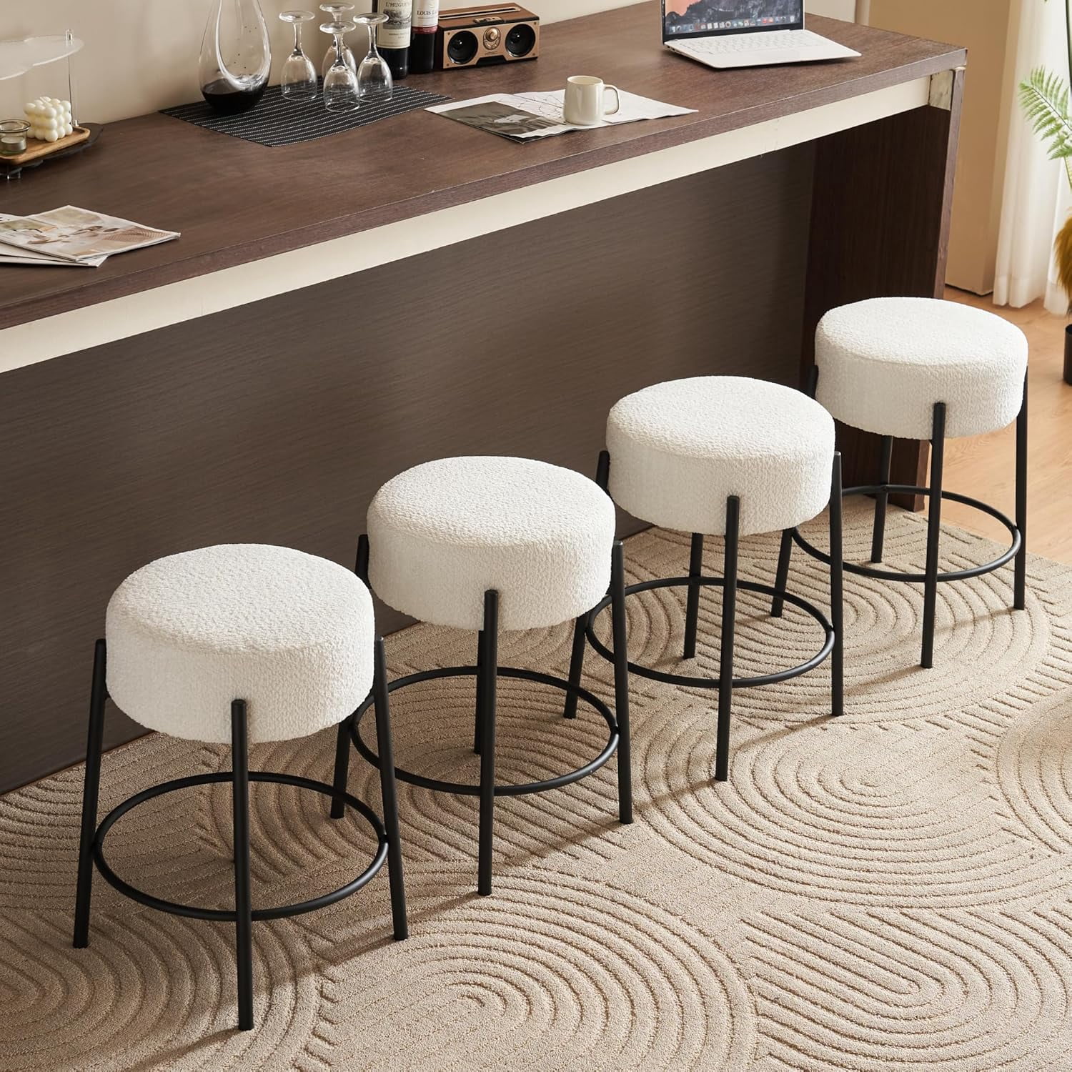 Fefances Set of 2 Beige in Black 24-Inch Swivel Counter Stools - Boucle ...