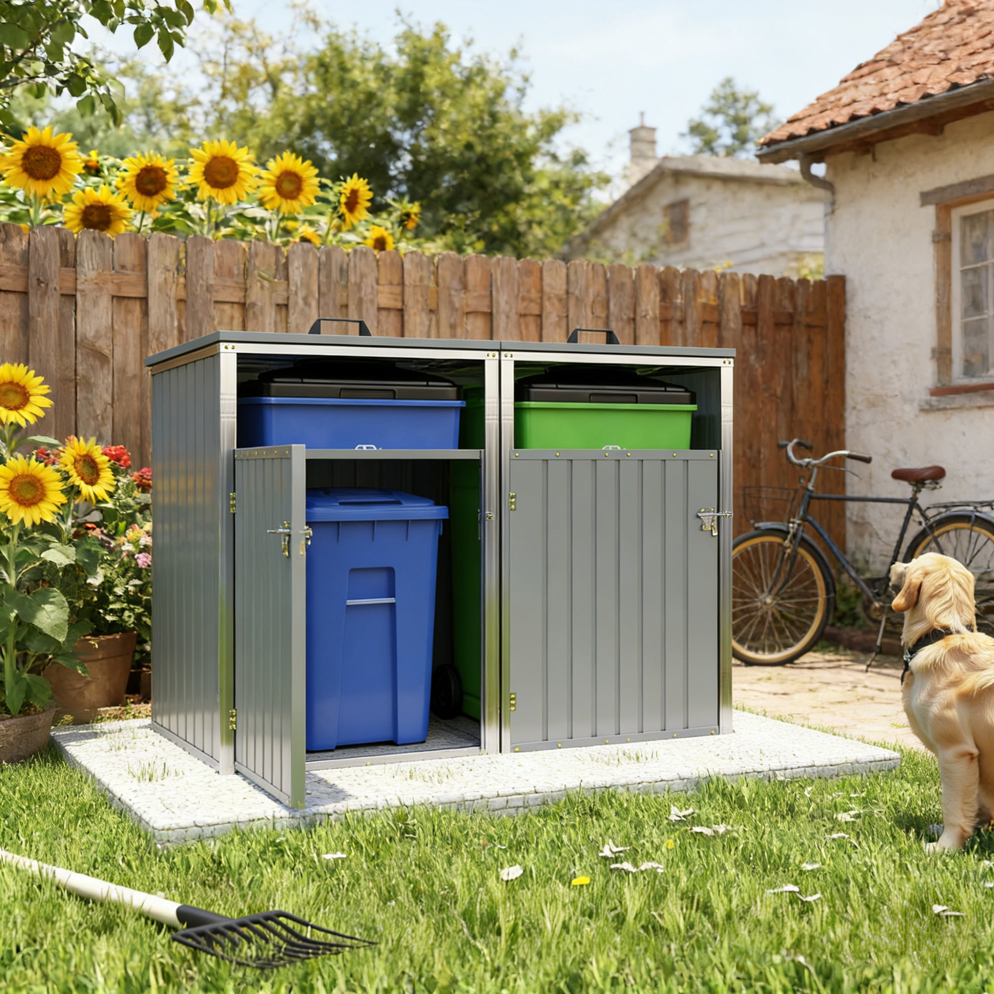 Fehomix 54 Cu.Ft Large Outdoor Trash Can Storage Shed, Heavy-Duty Metal ...