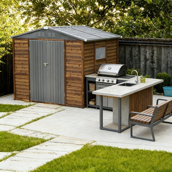 Fehomix 6x8 FT Outdoor Storage Shed, Metal and Wood Tool Shed with Wide ...