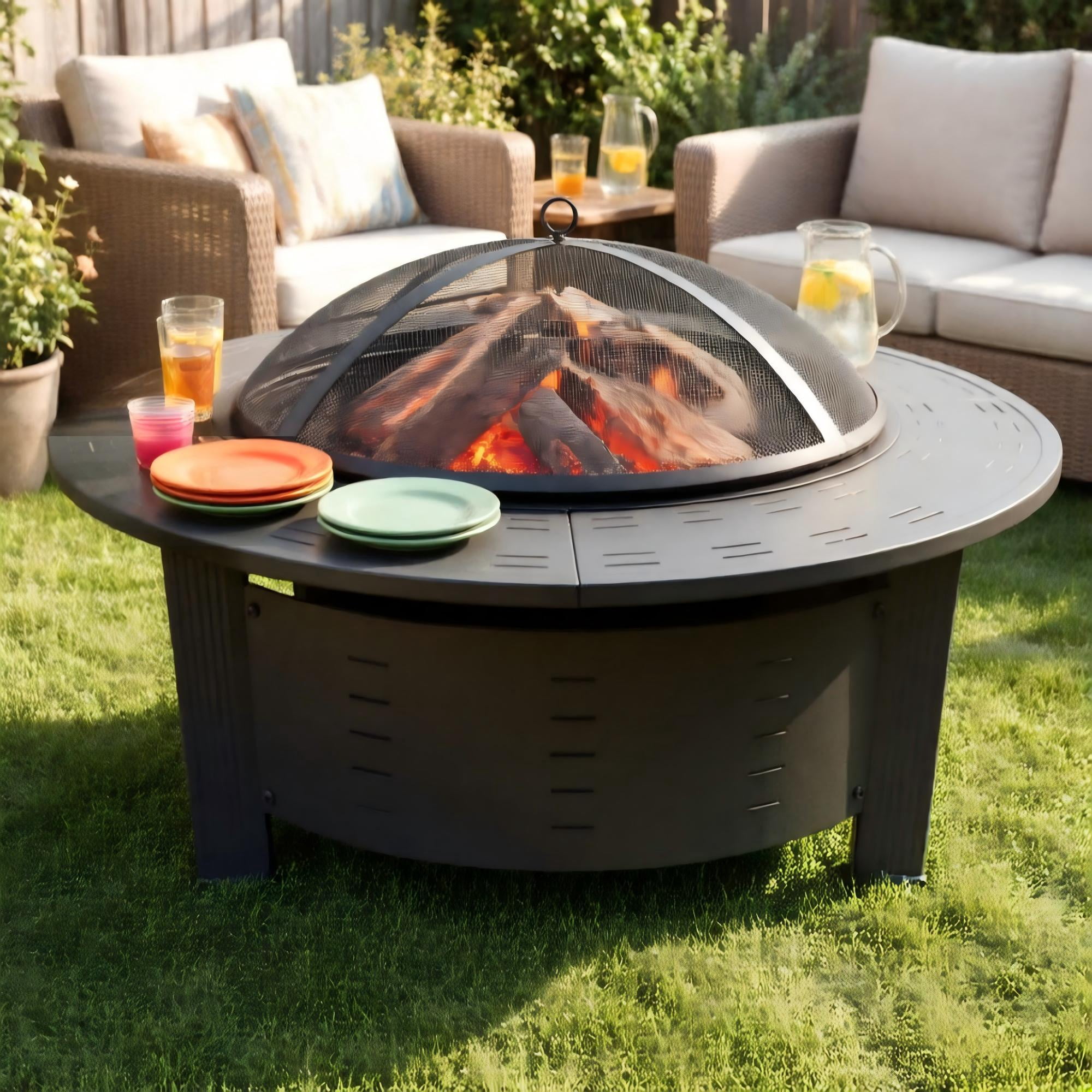 Fehomix Round Fire Pit Table, 3-in-1 Wood Burning Stove with Cooking ...