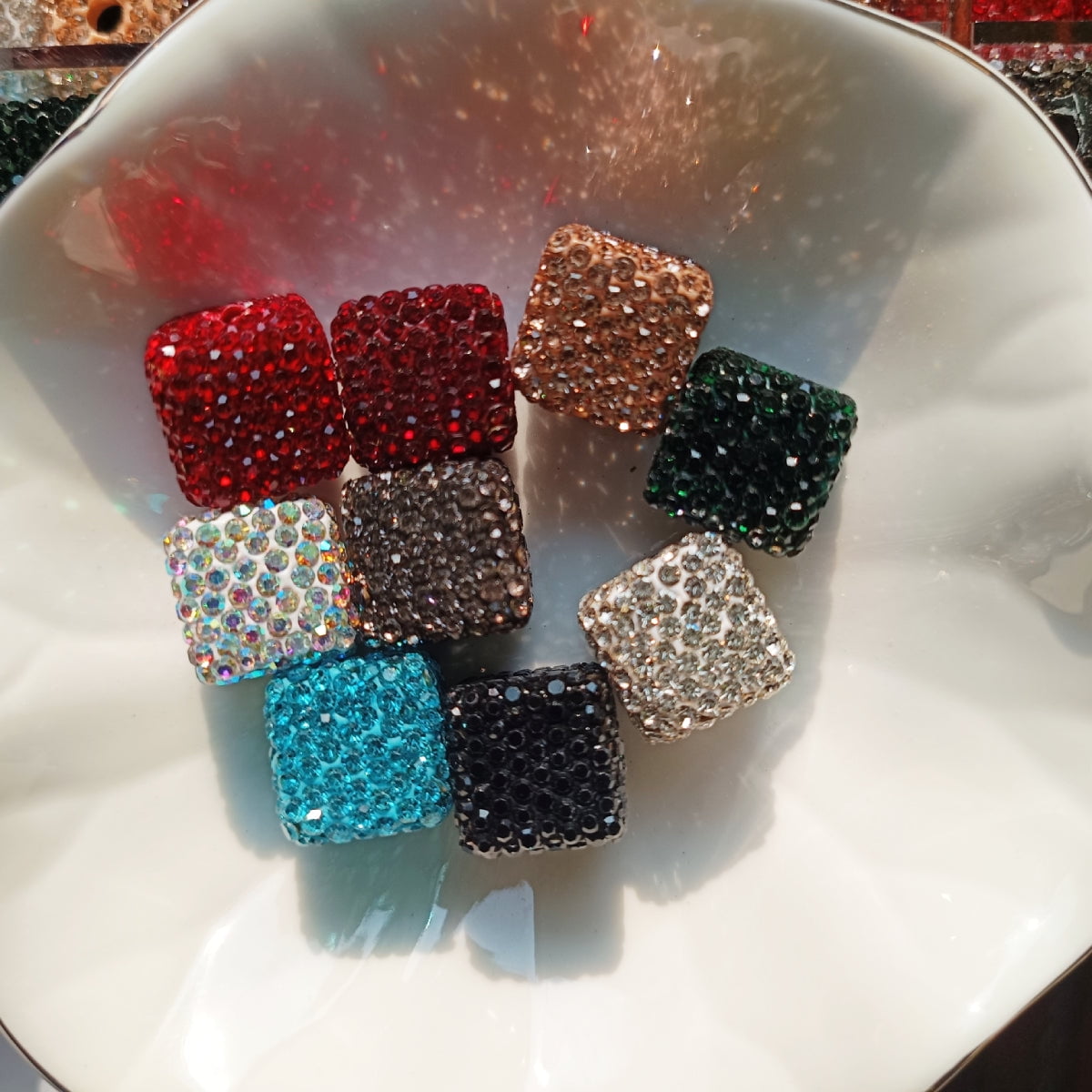 Feildoo 20pcs Square Glass Beads 14mm Mix Cube Beads Glitter Rhinestone ...