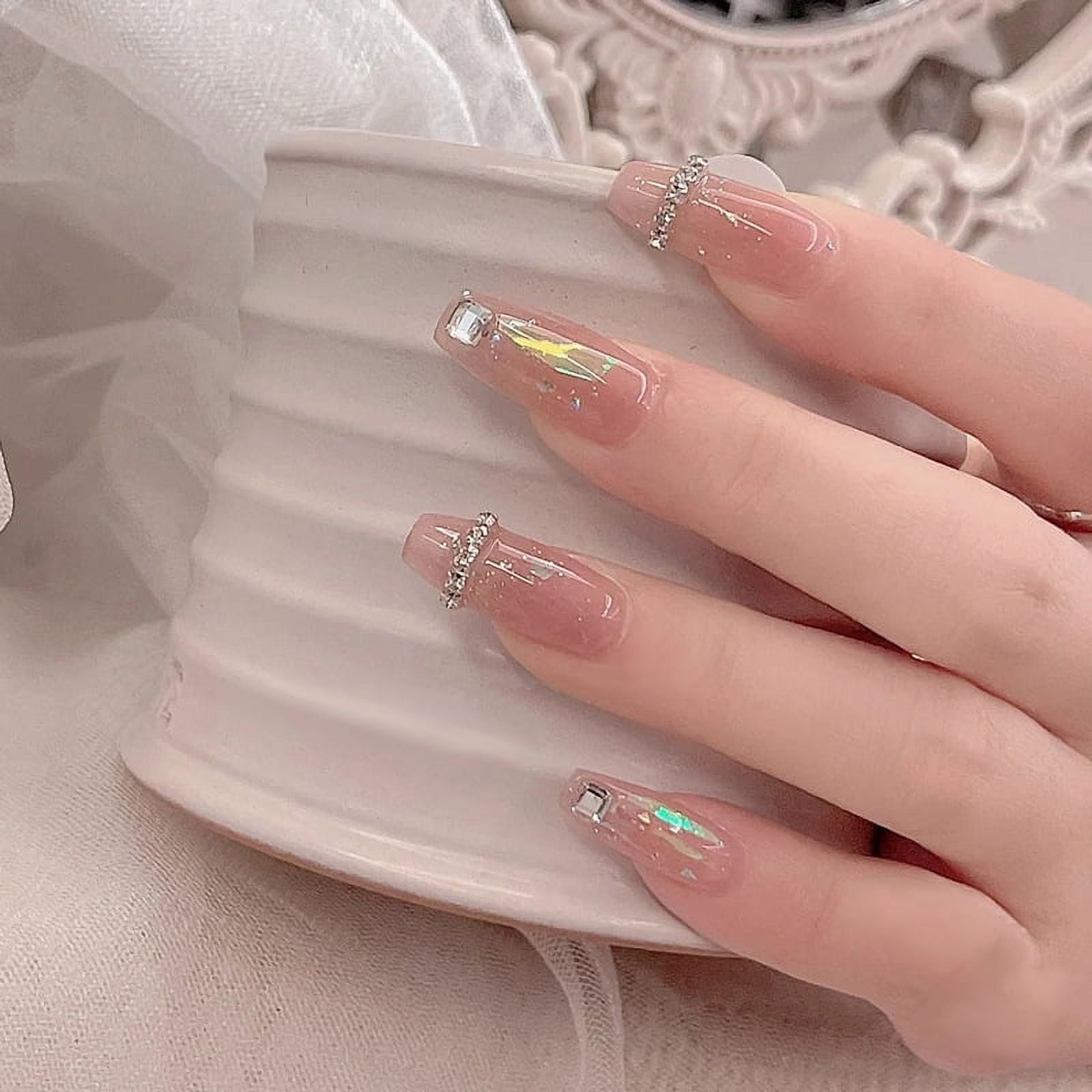 Feildoo Cute Kawaii Press on Nails, Long Fake Nails 24Pcs, Rhinstone ...