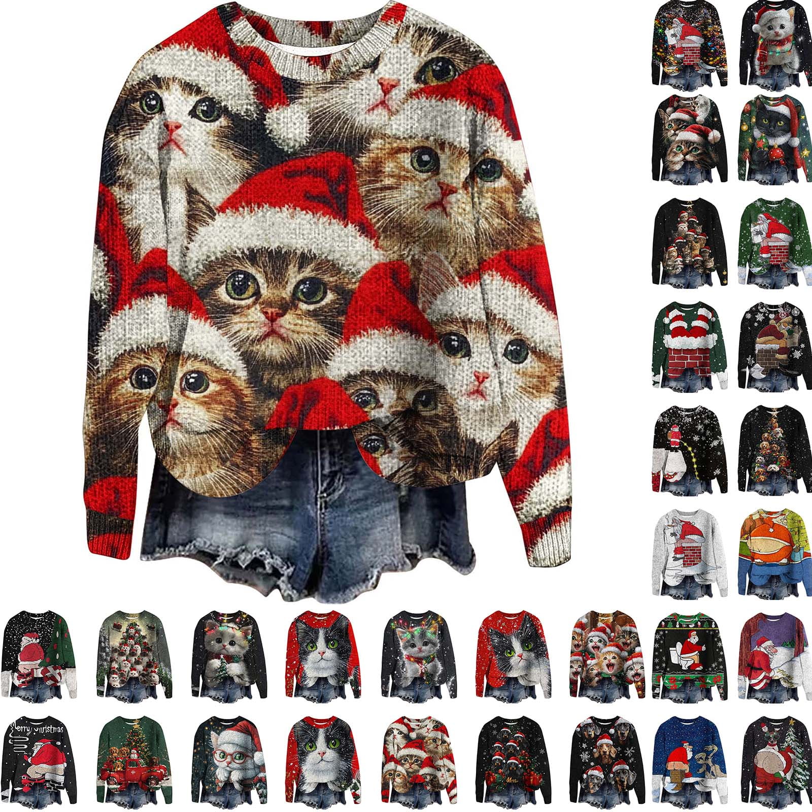 Feimerou Cat Christmas Sweater, Ugly Christmas Sweatshirts for Women Cute Funny Pattern Xmas ...