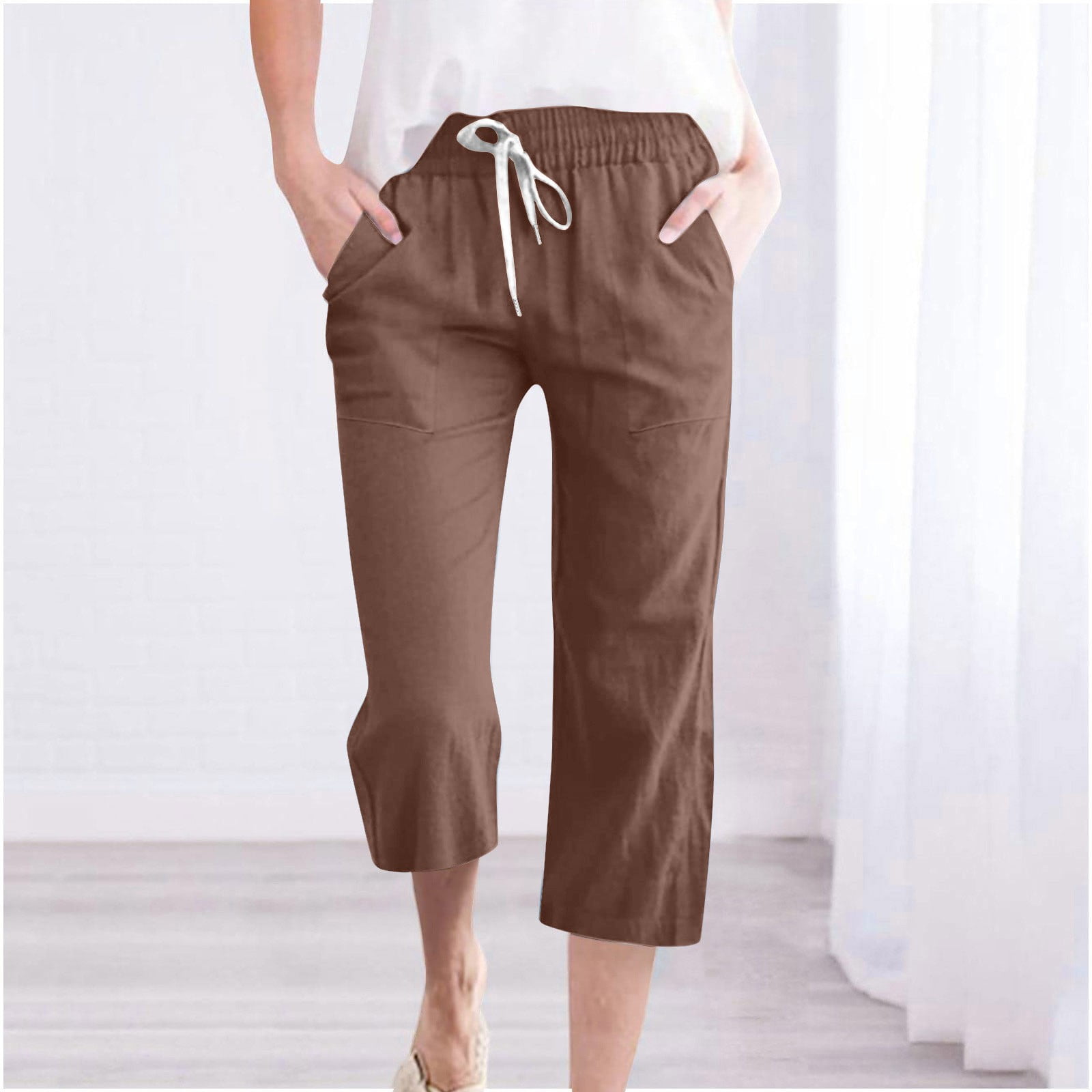 Feimerou Womens Capris with Pockets Drawstring High Waisted Wide Leg ...