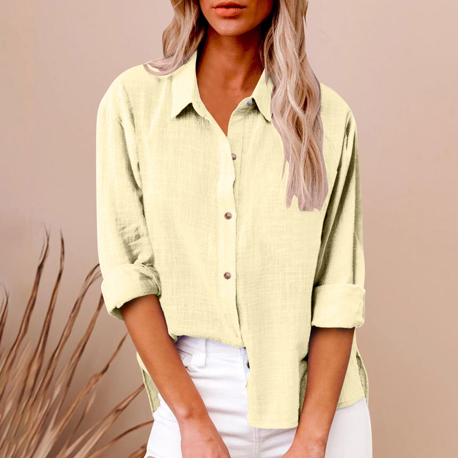 Feimerou Womens Cotton Linen Shirts Long Sleeve Button Down Shirt Lapel Collar Casual Loose Roll ...