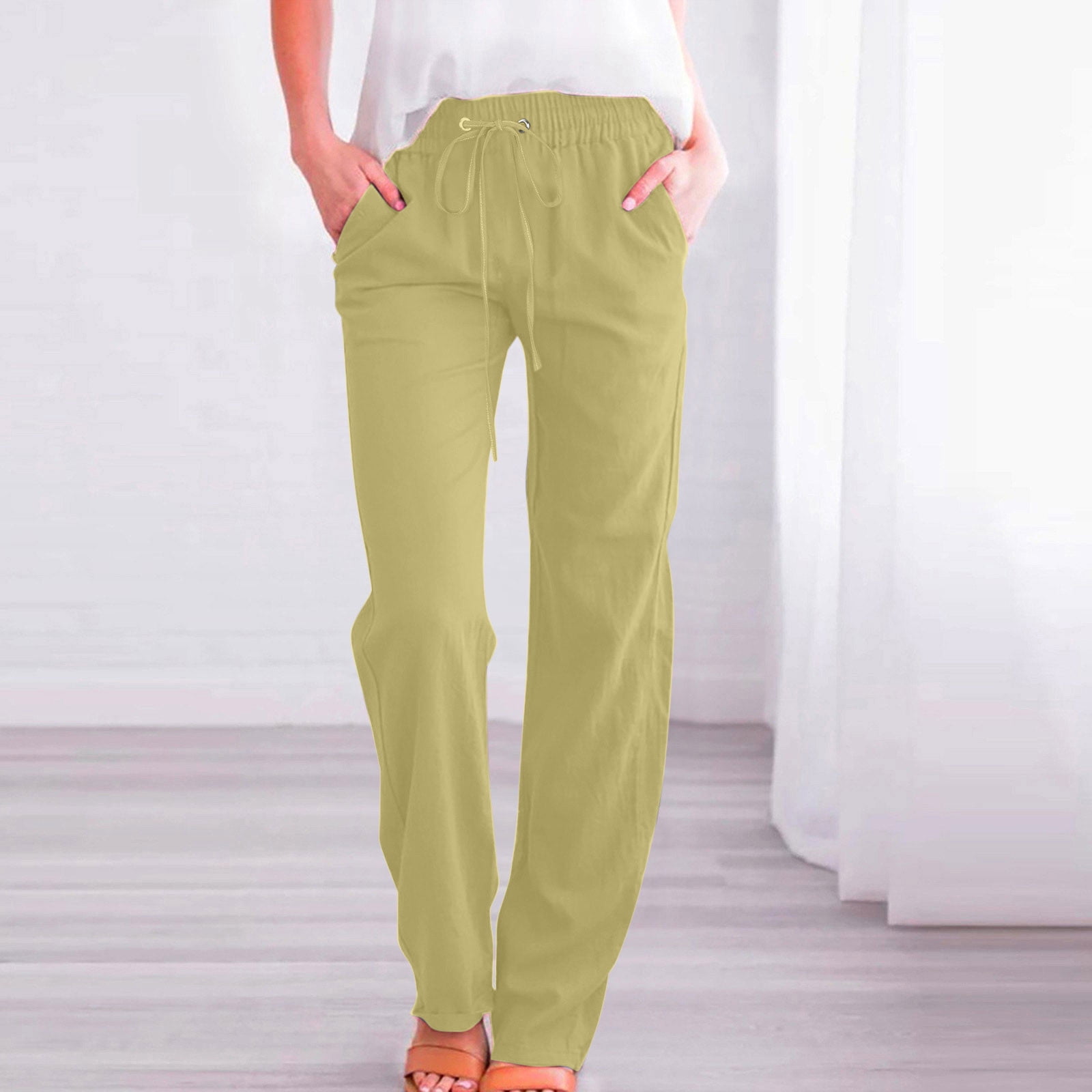Feimerou Womens Linen Pants for Summer Spring Drawstring Soft Lounge ...