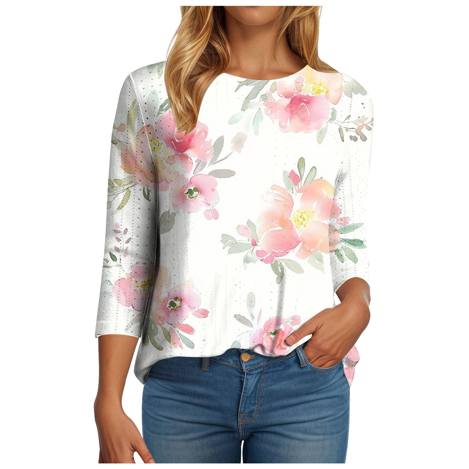 Feipeng 3/4 Length Sleeve Womens Tops Dressy Casual Spring Summer Round ...