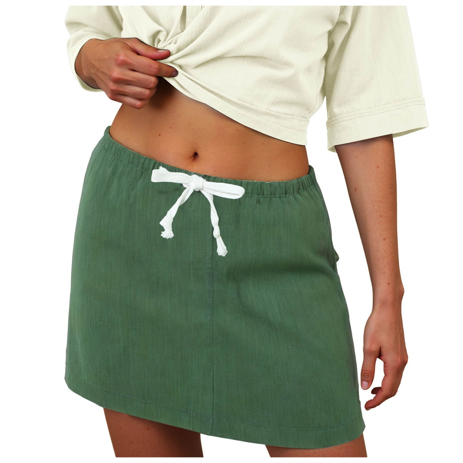 Feipeng Womens Cotton Linen Mini Skirts Drawstring Waist Short Skirts Dark Green,M - Walmart.com
