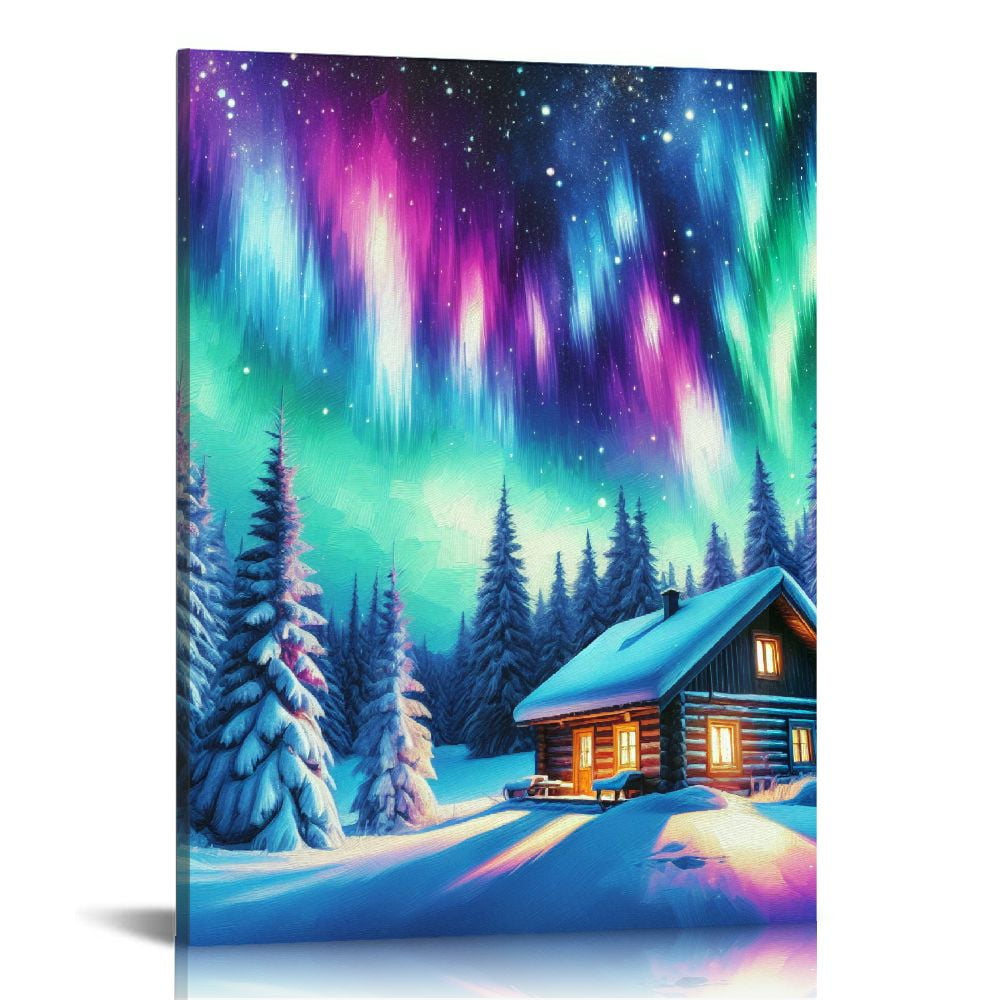 Feiri A Cosy Treehouse in The Snow Under The Auroras Borealis Poster ...