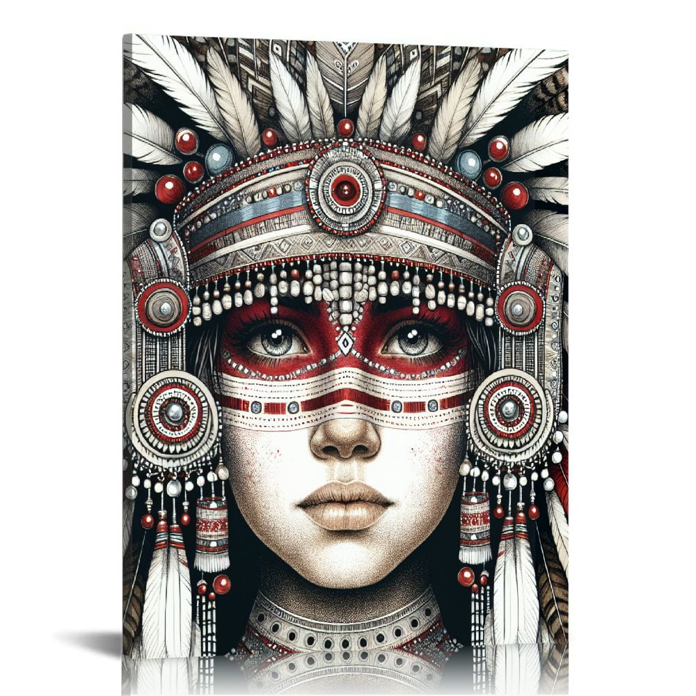 Feiri Beautiful Indians Feather Headdress Woman Art Poster Native ...