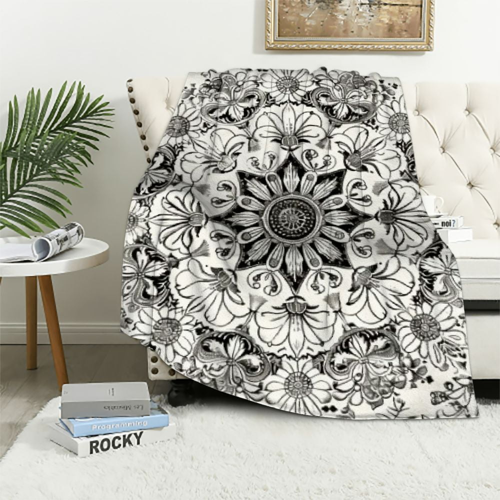 Feiri Boho Bohemian Throw Blanket, Beige White Floral Cozy Nap Throws ...