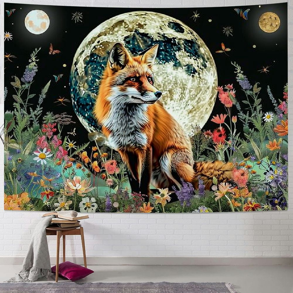 Feiri Boho Fox Floral Aesthetic Tapestry, Moon Cute Fox Botanical ...