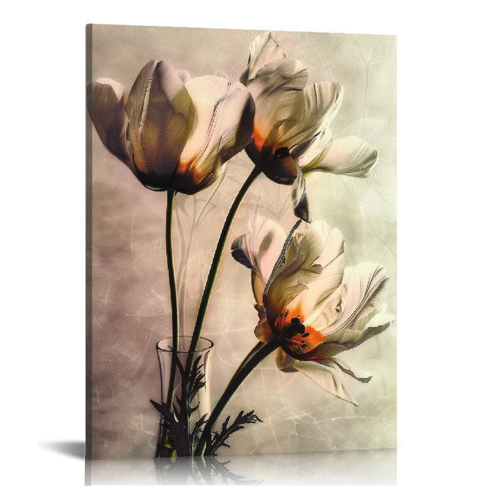 Feiri Brown Rustic Floral Canvas Prints Bathroom Wall Art Flower Canvas Prints Wall Art Elegant ...