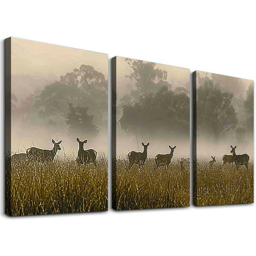 Feiri Canvas Wall Art 12x16in x3 Nature Landscape Foggy Forest Tree Mountain Wild Animals Deer ...