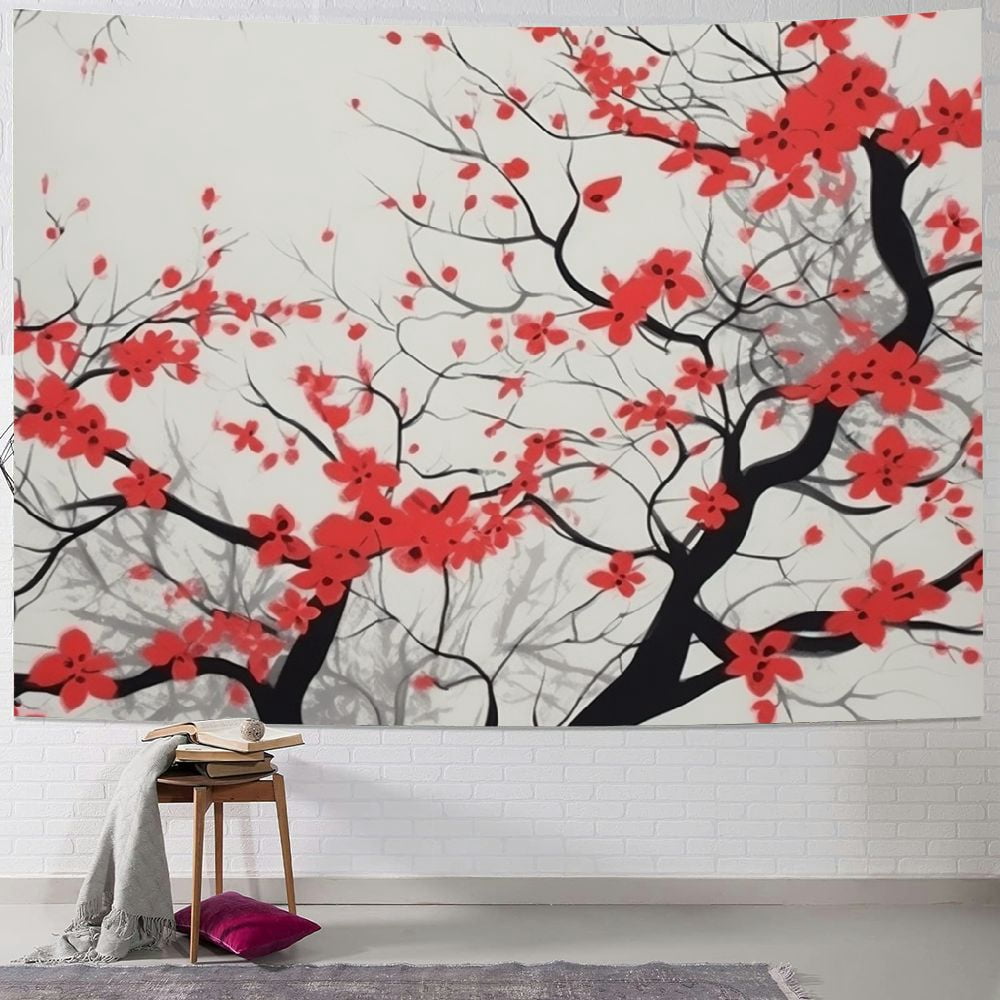 Feiri Cherry Blossom Watercolor Red Flowers Tree Branch Tapestries Wall ...