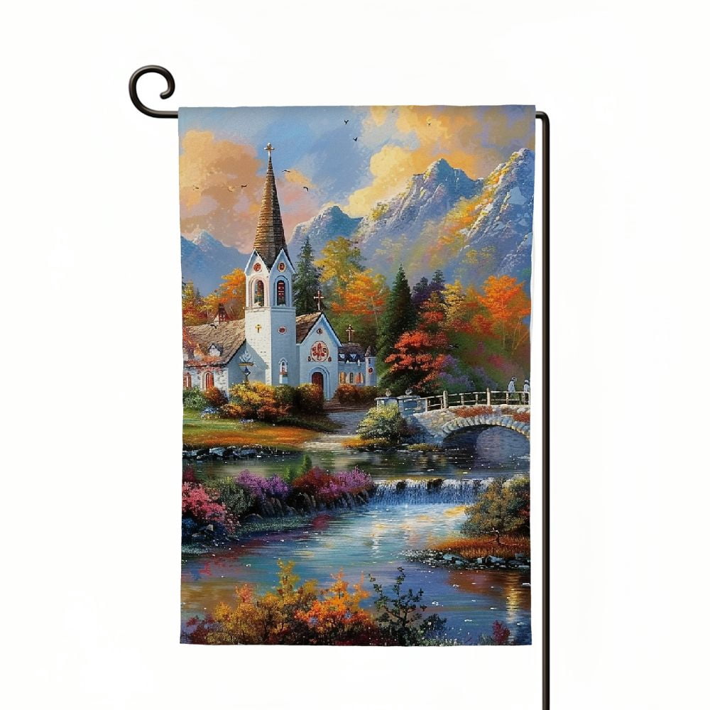 Feiri Church River Bridge Garden Flag 12x18 in Linen Burlap Double ...