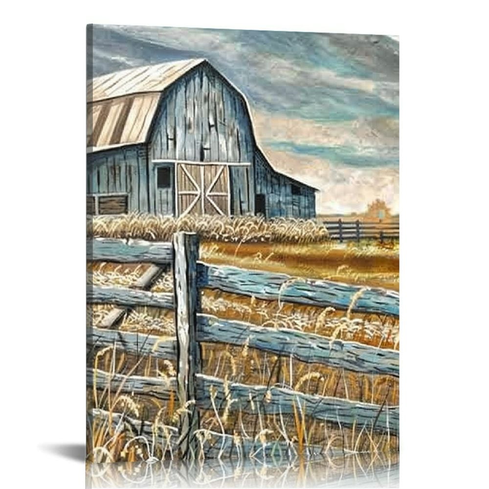 Feiri Farmhouse Canvas Wall Art Framed Landscape Painting Teal Old Barn ...