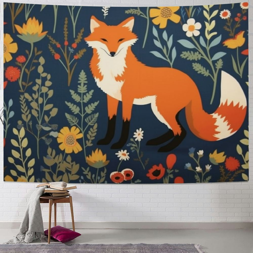 Feiri Forest Floral Flowers Leaves Cute Fox Dorm Decor Tapestry ...