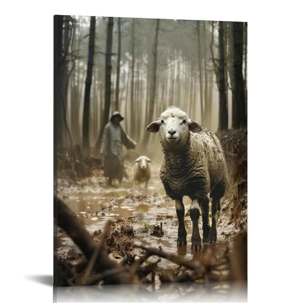 Feiri Jesus and Lamb Canvas Wall Art Jesus Running After Lost Lamb ...