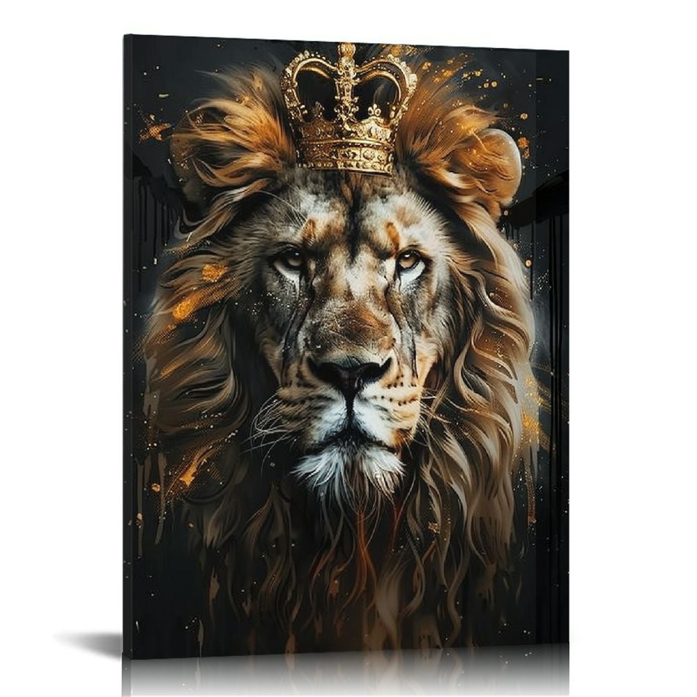 Feiri Lion King With Crown Wall Art, Lion Black Gold Abstract Extra ...