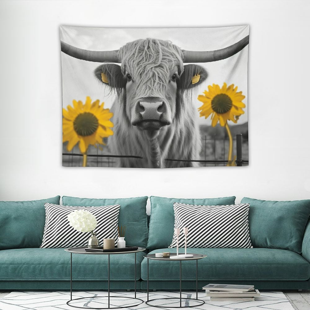 Feiri Longhorn Cow Tapestry, Black and White Rural Highland Cattle ...