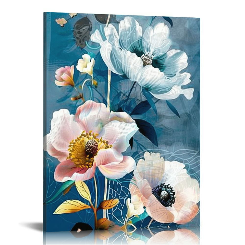 Feiri Lotus Flower Canvas Wall Art for Living Room White and Indigo ...