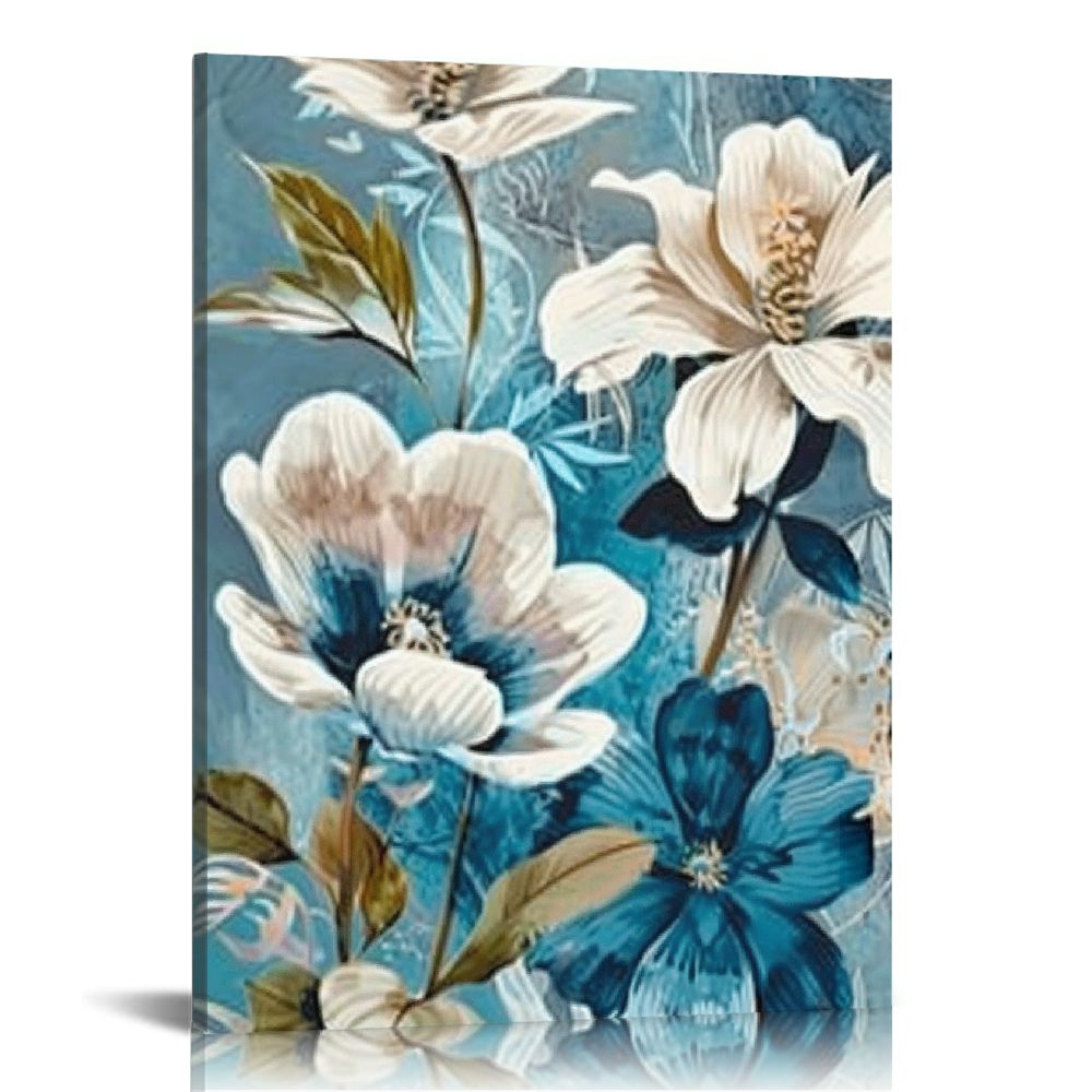 Feiri Lotus Flower Canvas Wall Decor Living Room White and Indigo Blue Floral Picture Wall Art ...