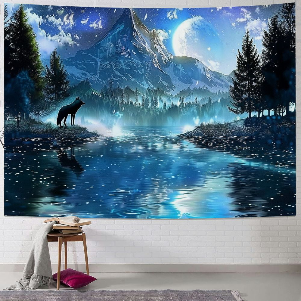 Feiri Moon Over Ocean Tapestry Wall Hanging, Galaxy Wolf on Mountain ...