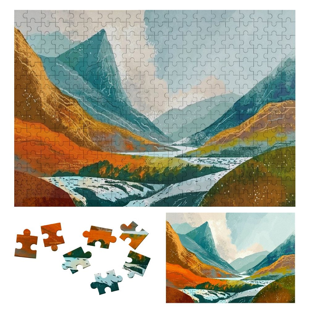 Feiri Mountain Forest Lake Watercolor Nature Landscape Mid Century ...