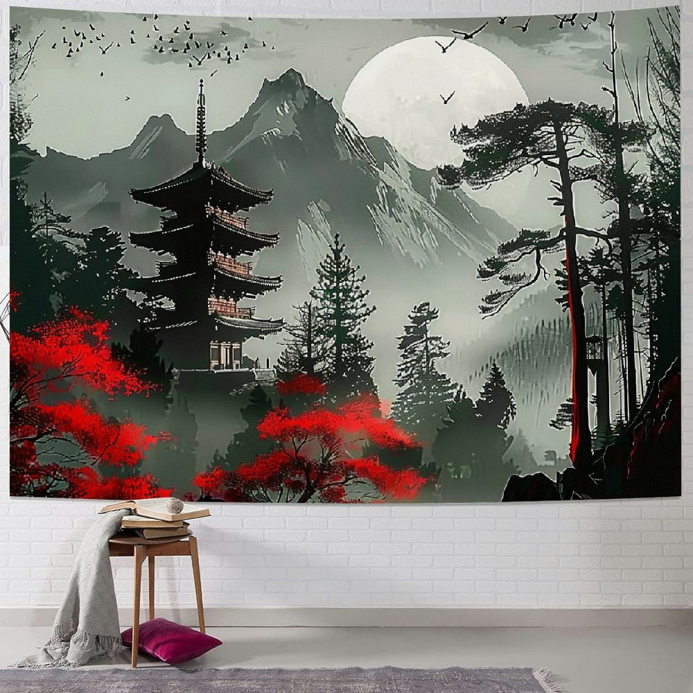 Feiri Mountain Forest Tapestry for Bedroom, Black and White Nature Moon ...